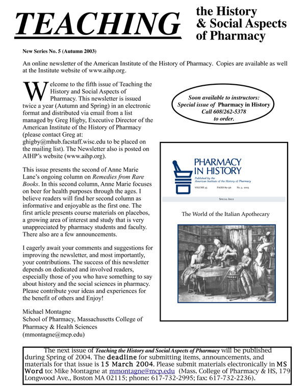 Teaching the History and Social Aspects of Pharmacy Newsletter ...